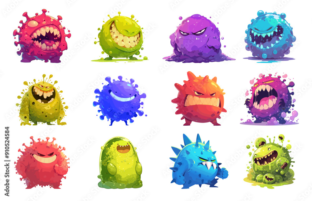 Cartoon evil bacteria set. Angry virus, pathogen and germ characters ...