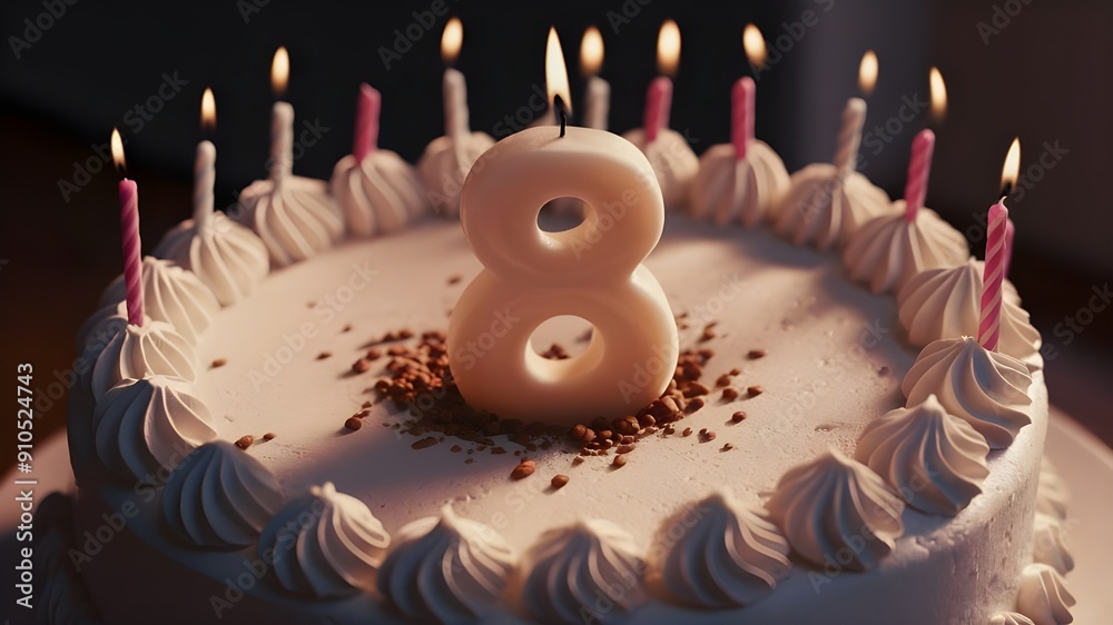 8th birthday cake with candles, eight birthday celebration, happy birthday 8 years celebration ...