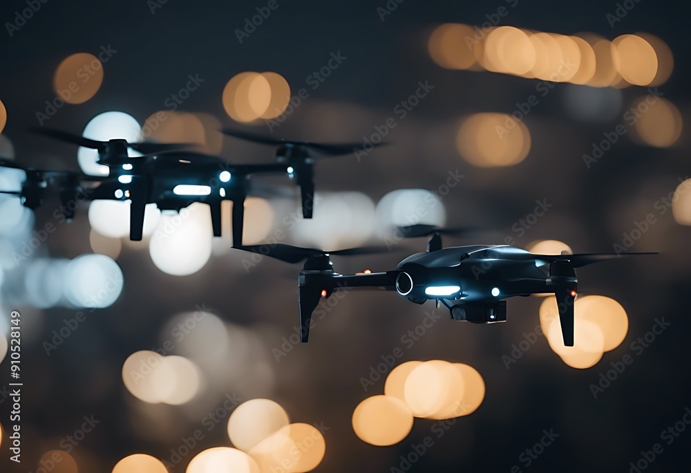 black three drones night scout city fly generation ai war helicopter ...