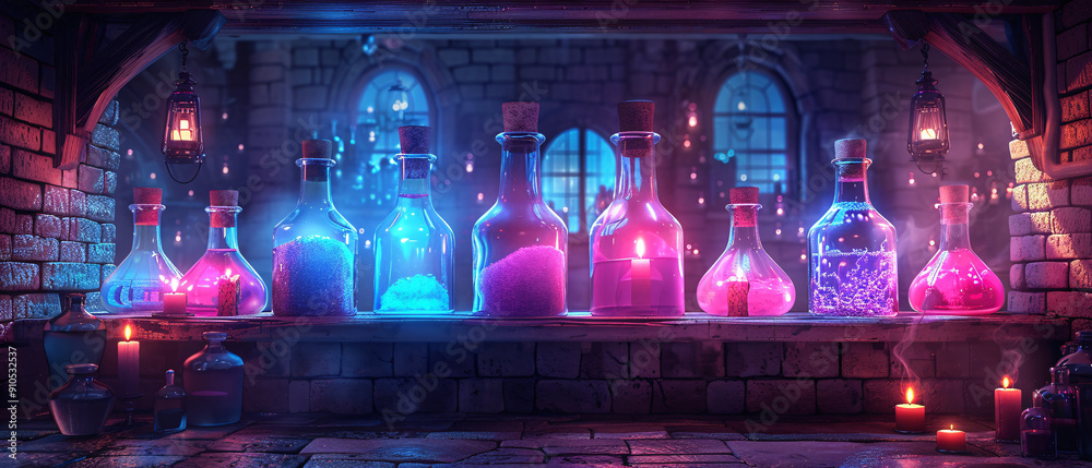 Magical Potion Bottles and Candles on a Brick Shelf in a Fantasy ...