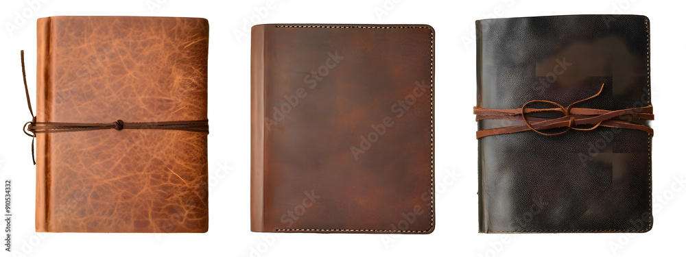 Set of brown leather book covers with ropes, isolated on transparent ...