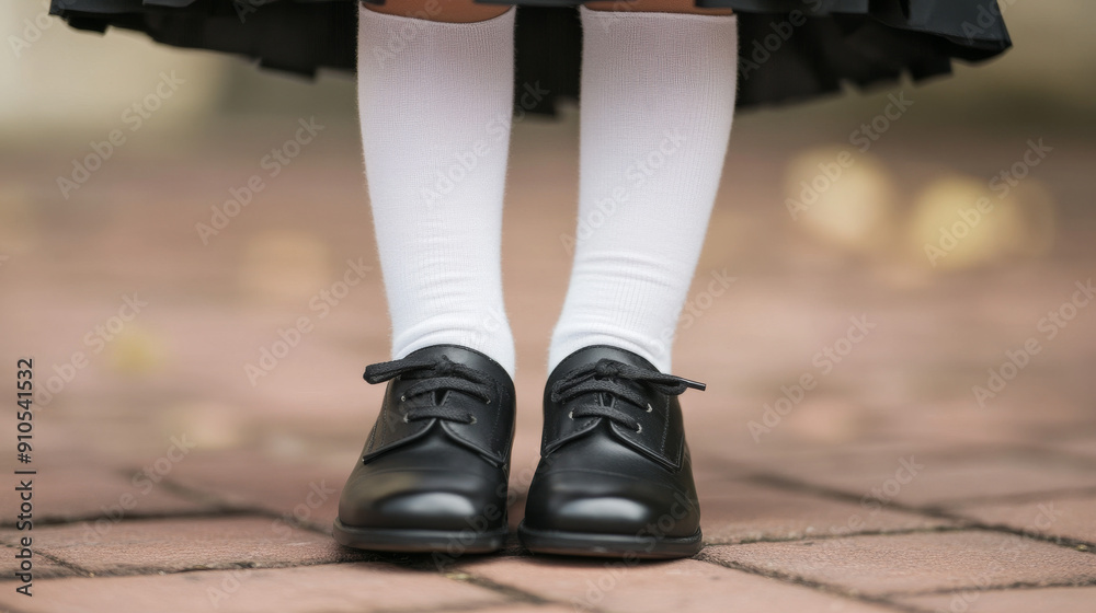 Close-up of a young girl's feet in black school shoes and white socks ...