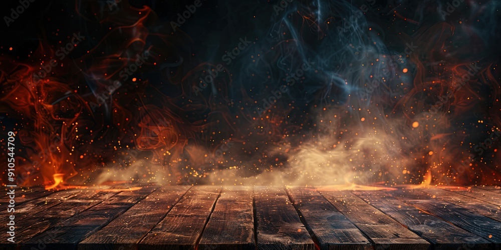 Blank wooden table with fire burning at the edge of the table, fire ...