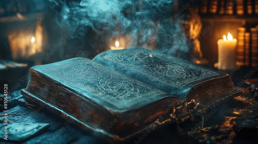 ancient magical grimoire radiating ethereal light and swirling mist ...