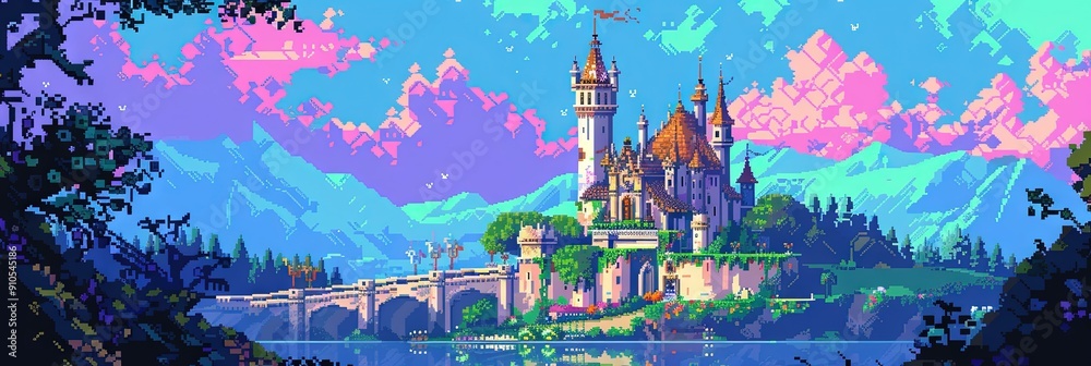 Colorful 16-bit pixel art castle with a scenic backdrop - voxel art in ...
