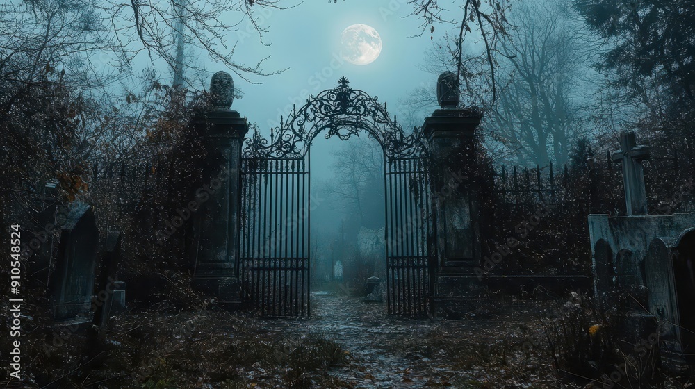 haunting wrought iron cemetery gate overgrown with twisted vines fog ...
