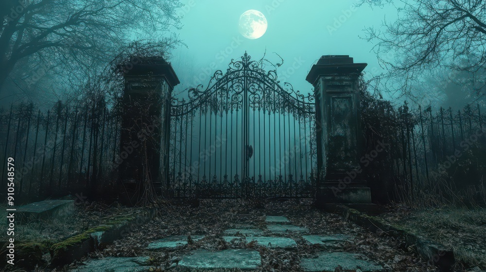 haunting wrought iron cemetery gate overgrown with twisted vines fog ...