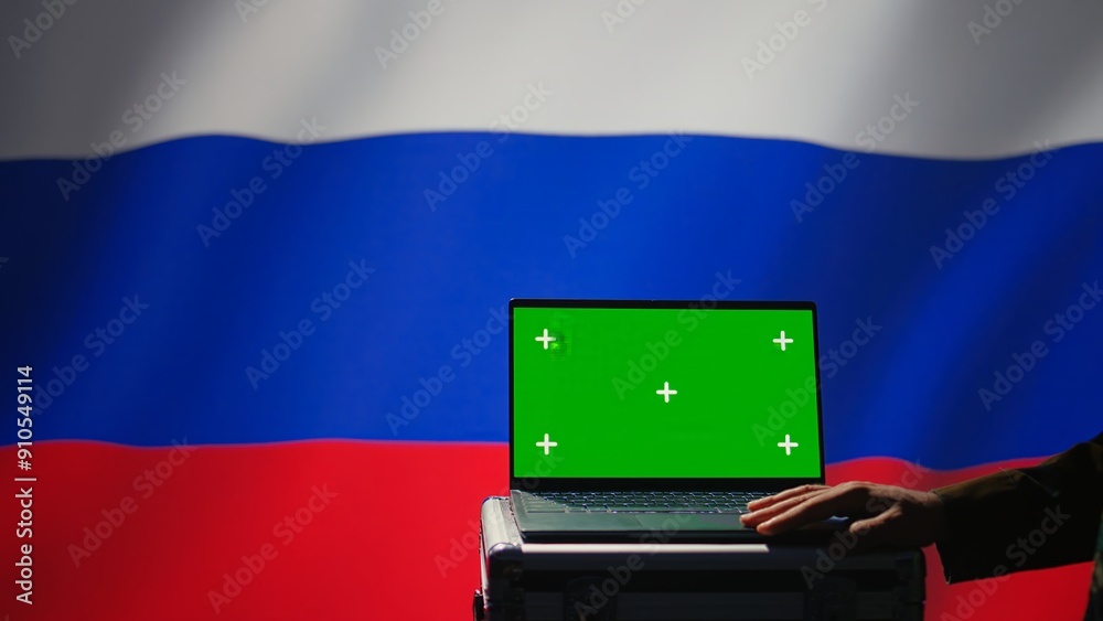 Russian soldier using military tech on green screen laptop to identify ...
