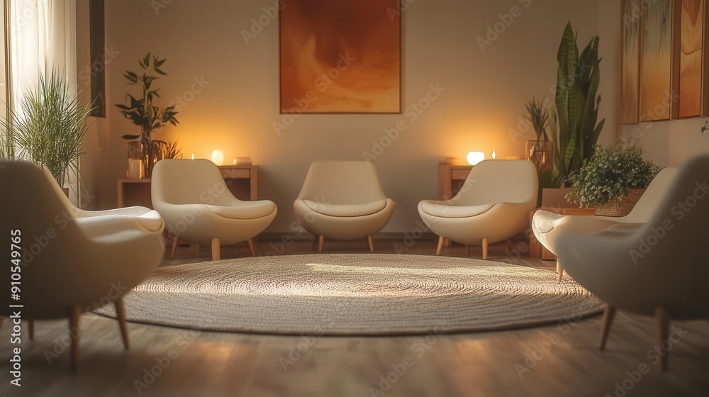 serene group therapy room with a circle of empty chairs soft lighting ...