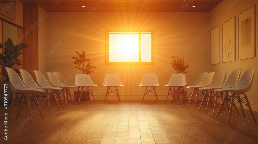 serene group therapy room with a circle of empty chairs soft lighting ...