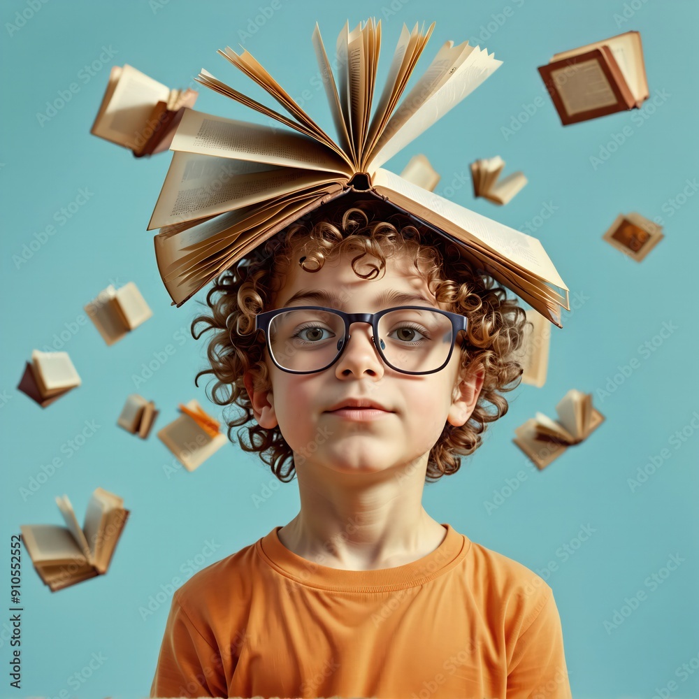 Niño con lentes con muchos libros volando en el aire. Tiene un libro en ...