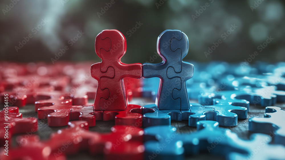Bridging the Divide. Red and blue puzzle pieces, representing ...
