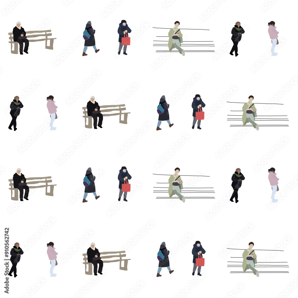 Pattern with people. A girl is walking down the street. Vector flat ...