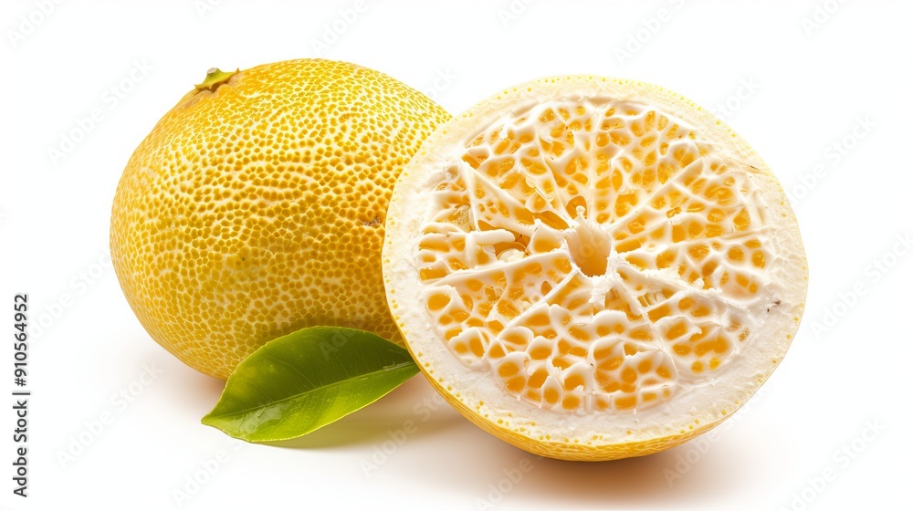 A fresh ugli fruit split open, with detailed focus on the juicy ...