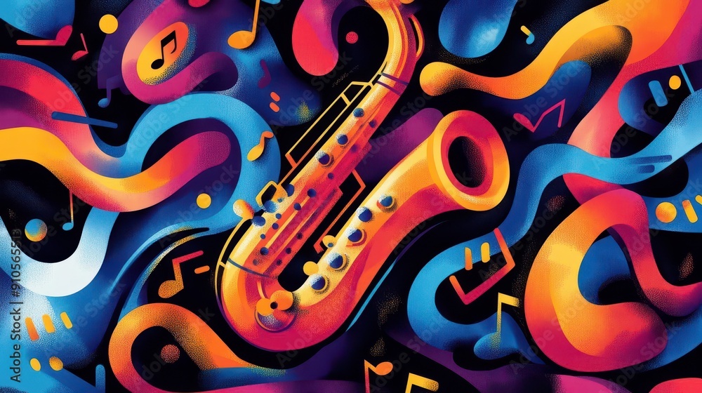 abstract jazz day poster with vibrant swirling musical notes and ...