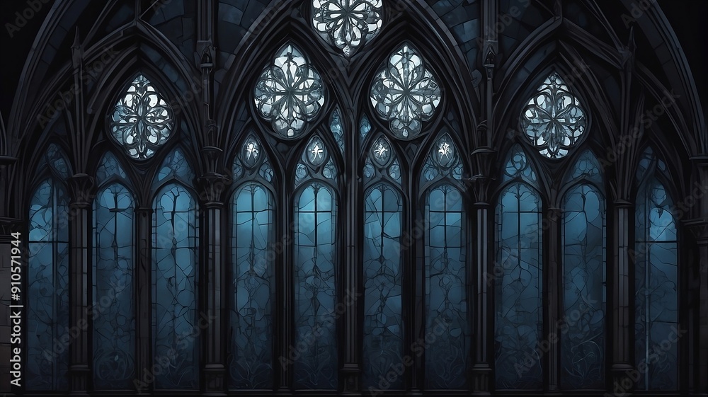 A Gothic-inspired background with pointed arches, intricate tracery ...