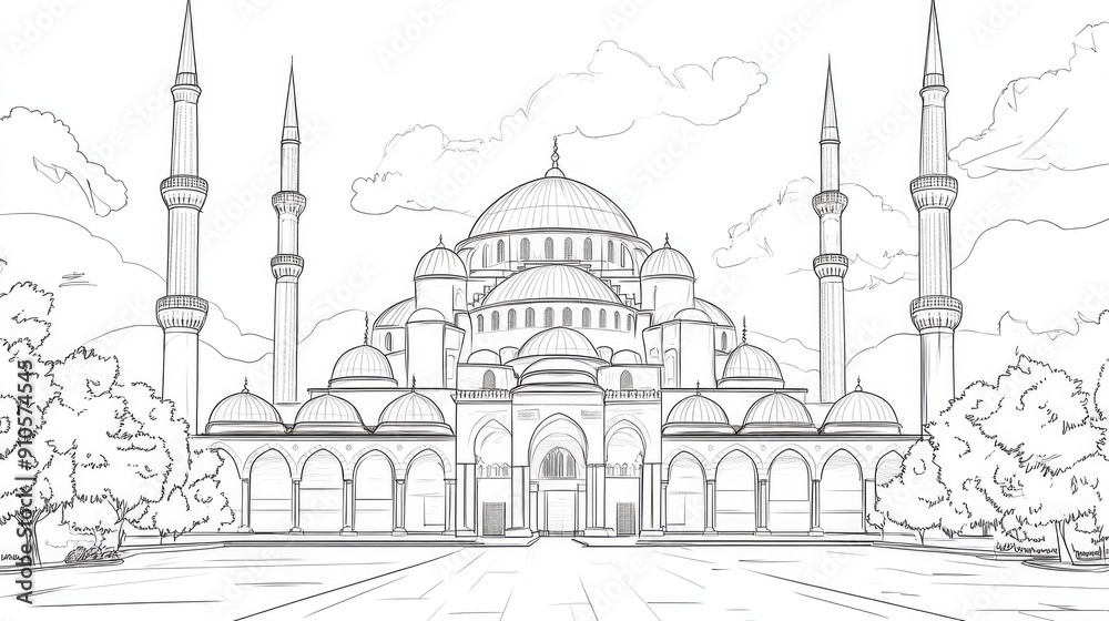 Hand-drawn line art of the Blue Mosque in Istanbul, embodying travel ...