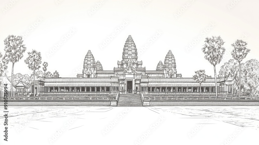 Sketch-style line drawing of the Angkor Wat in Cambodia, capturing the ...
