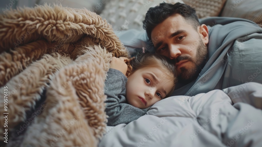 man take care of little ill daughter. Sick child lying on bed under ...
