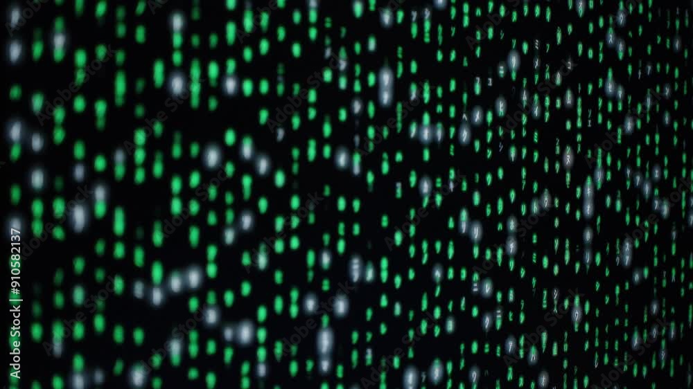 Green Matrix-Like Code Stream on a Black Screen, Blurring in the ...