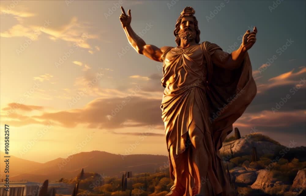 Statue of Zeus in Ancient Greece at golden hour sunset. Greek Gods and ...