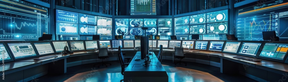 A modern nuclear reactor control room with diligent engineers, front ...