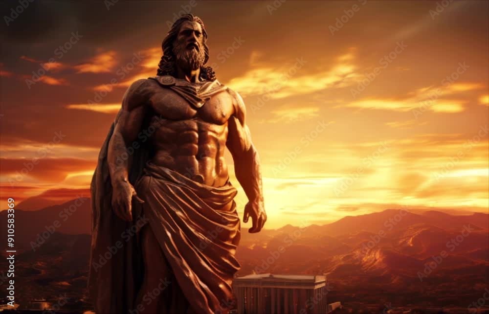 Statue of Zeus in Ancient Greece at golden hour sunset. Greek Gods and ...