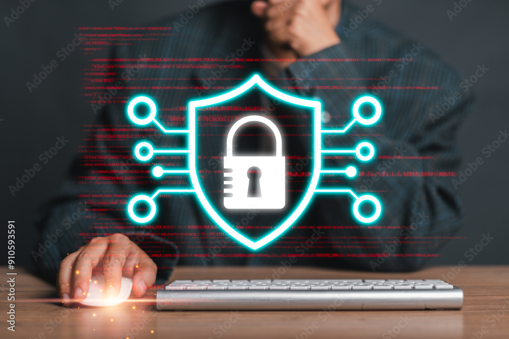 Visual representation of network security featuring a digital lock icon ...