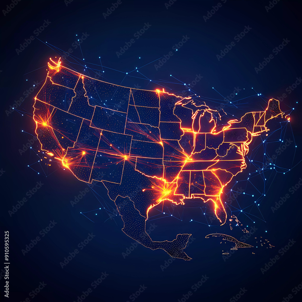 Digital map of USA, concept of North America global network and ...