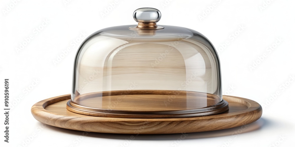Isolated glass bell jar with wooden cap and podium on solid wooden tray ...