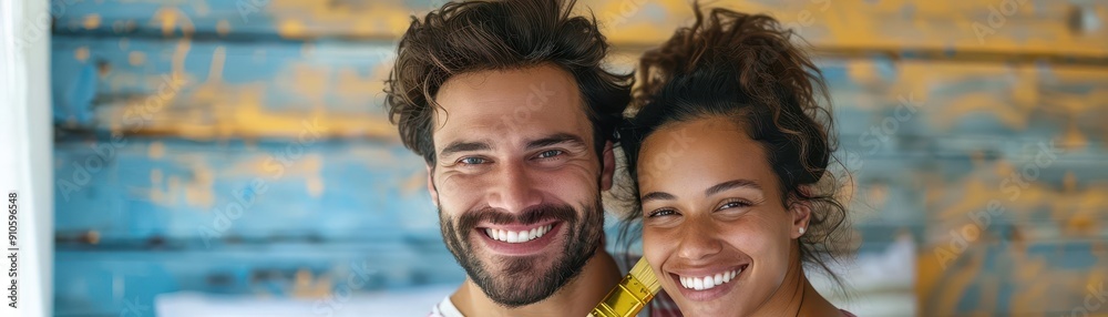 Excited couple painting walls in their first home, close up on smiles ...