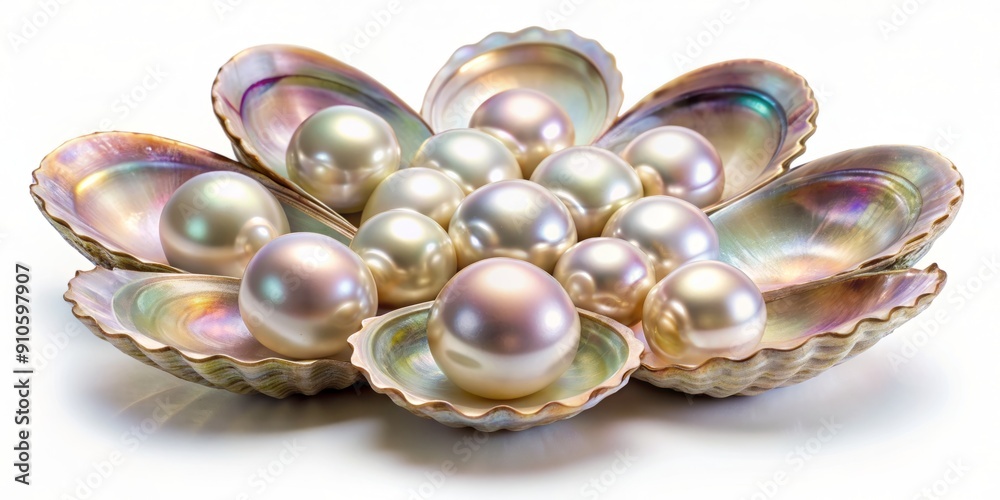 Delicately curved pearl oysters with iridescent shells, some open to ...