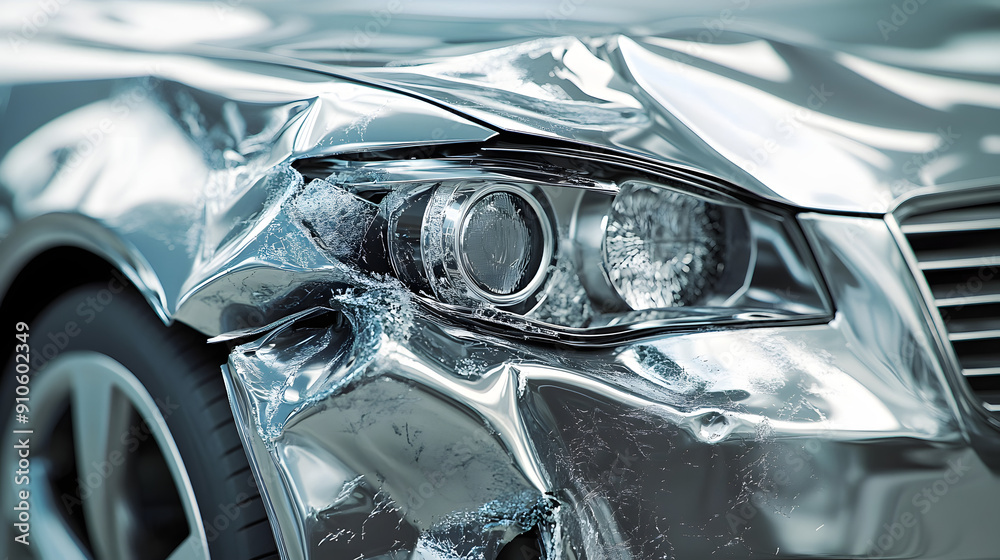Tragic silver car collision photograph twisted metal shattered glass ...