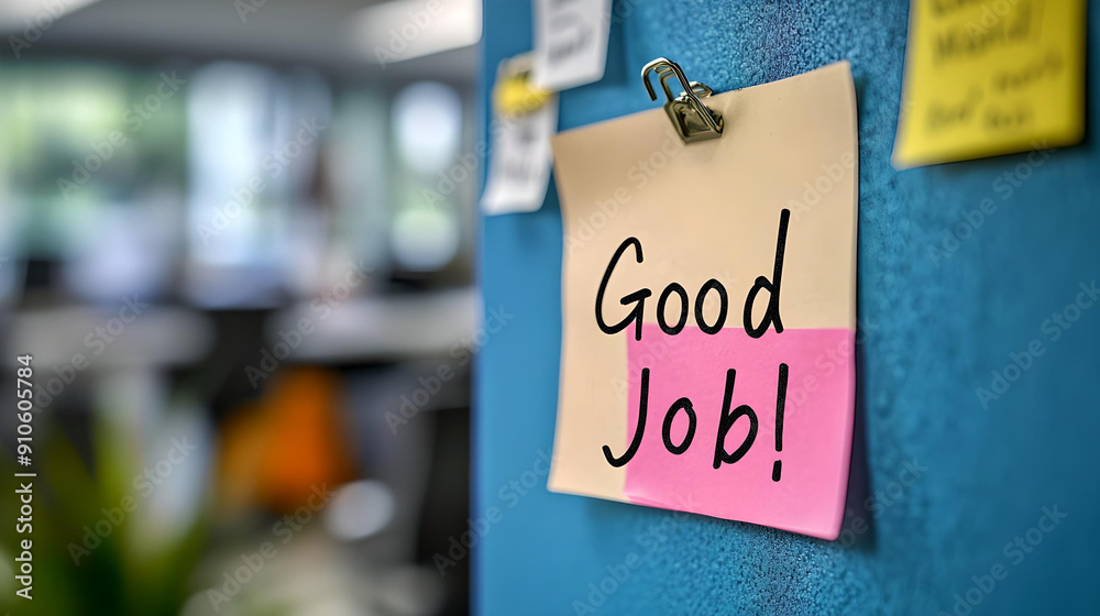 A note reading "Good Job!" pinned to an office bulletin board ...