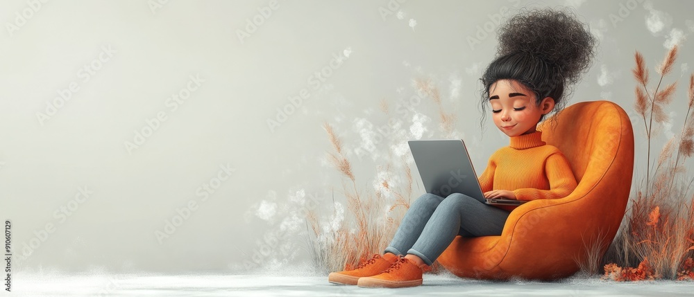 Cute cartoon character sitting on a chair with a laptop, highlighting a ...