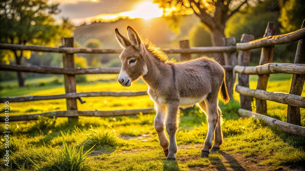 Adorable newborn donkey takes first steps in a sun-drenched farm field ...