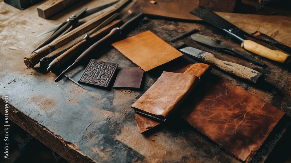 Scene of a leather tooling setup. Featuring leather pieces, stamps, and ...