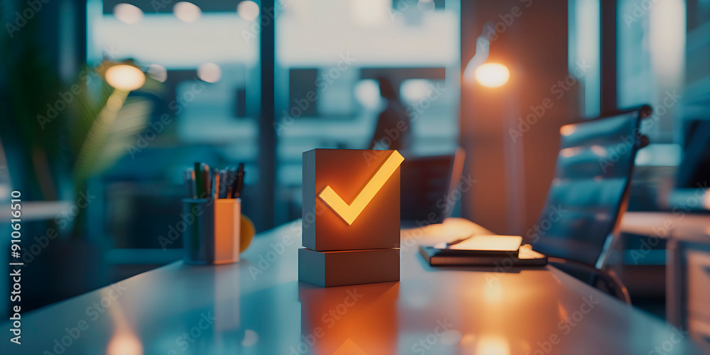 A box with a yellow check mark on it sits on a desk. Concept of ...