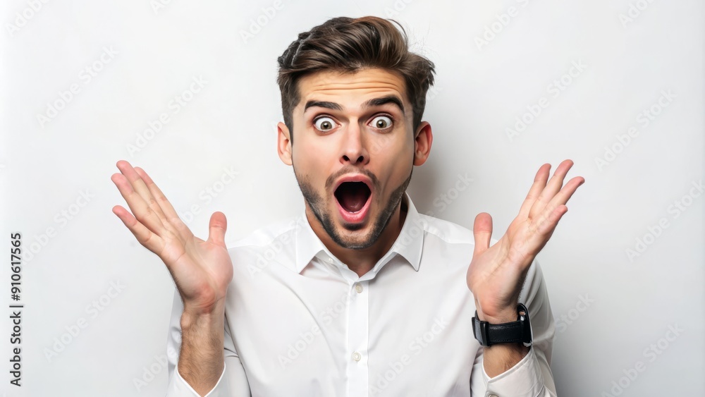 Shocked young man with white shirt and black watch displays exaggerated ...