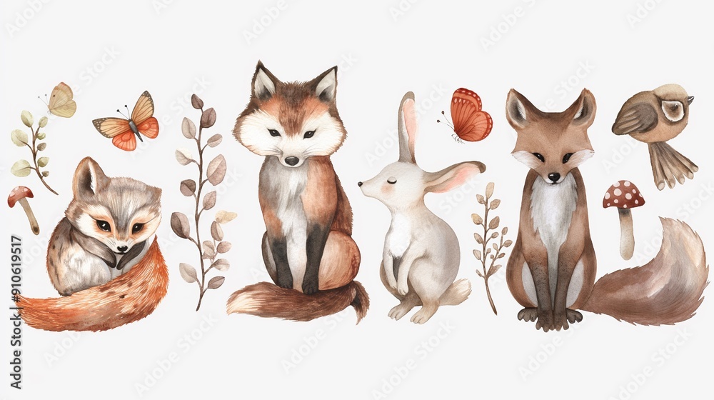 Woodland animals set. Owl, hedgehog, fox and butterfly, Bunny rabbit ...