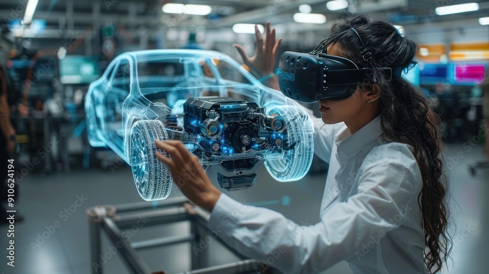 Automotive Engineer Wearing VR Headset Working on 3D Electric Car ...