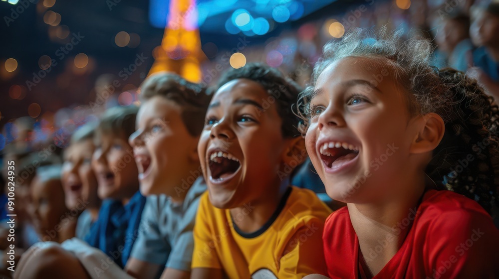 Excited children watching a show at a circus or amusement park ...