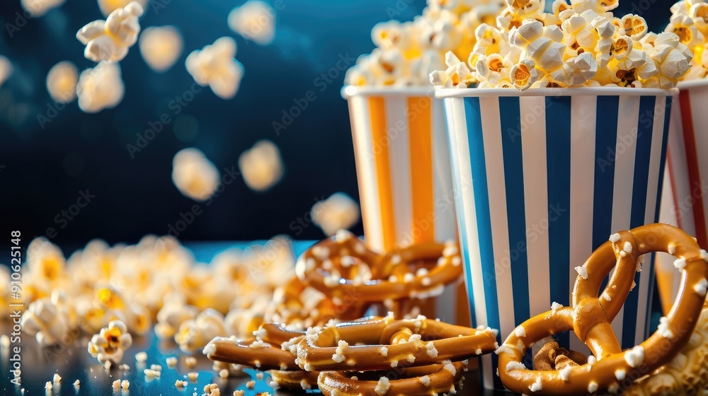 Colorful popcorn buckets with fresh popcorn and pretzels scattered ...