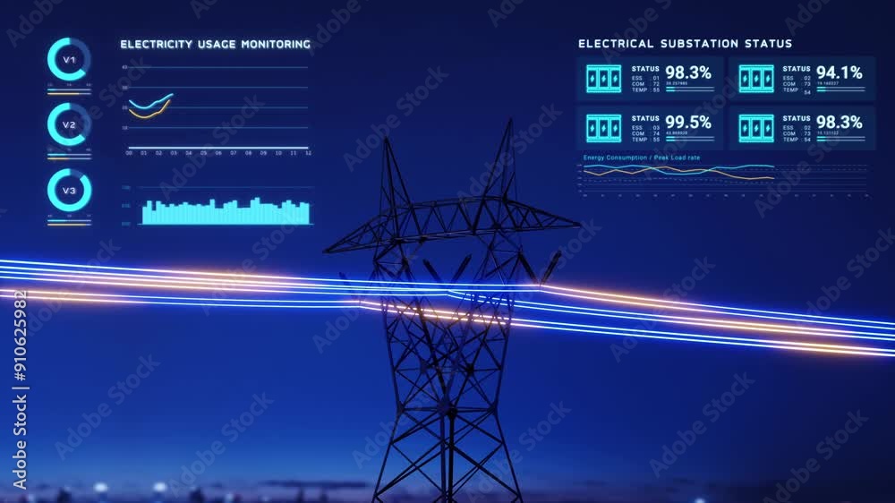 Electric transmission tower with glowing electricity flowing ...
