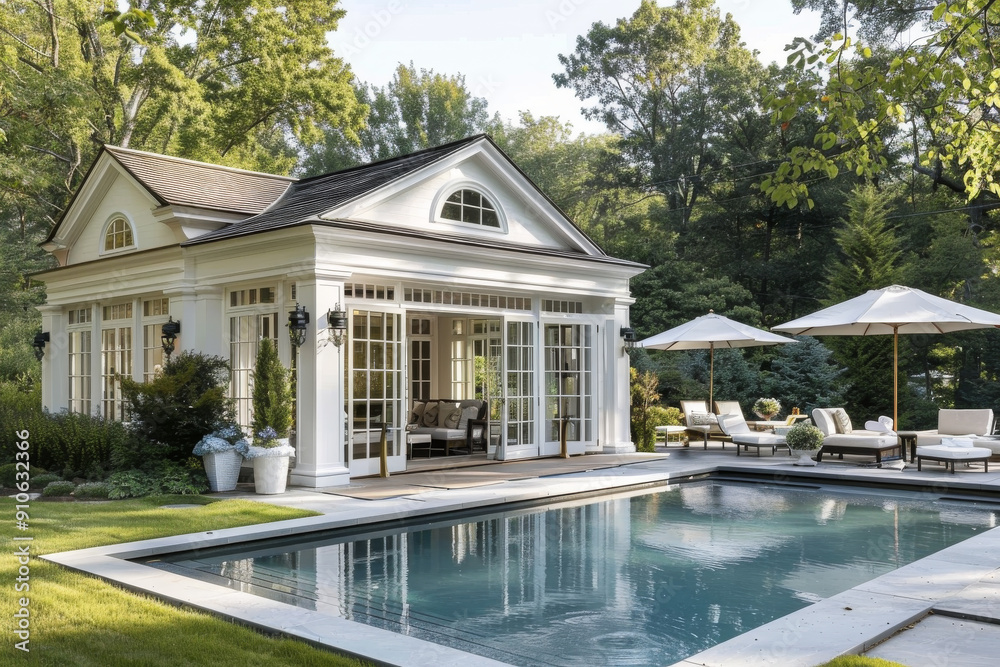 Classic pool house with open-air lounge, lush greenery, and sparkling ...