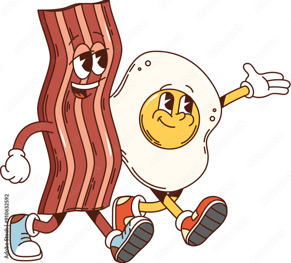 Retro groovy breakfast characters of bacon and egg with funny funky ...