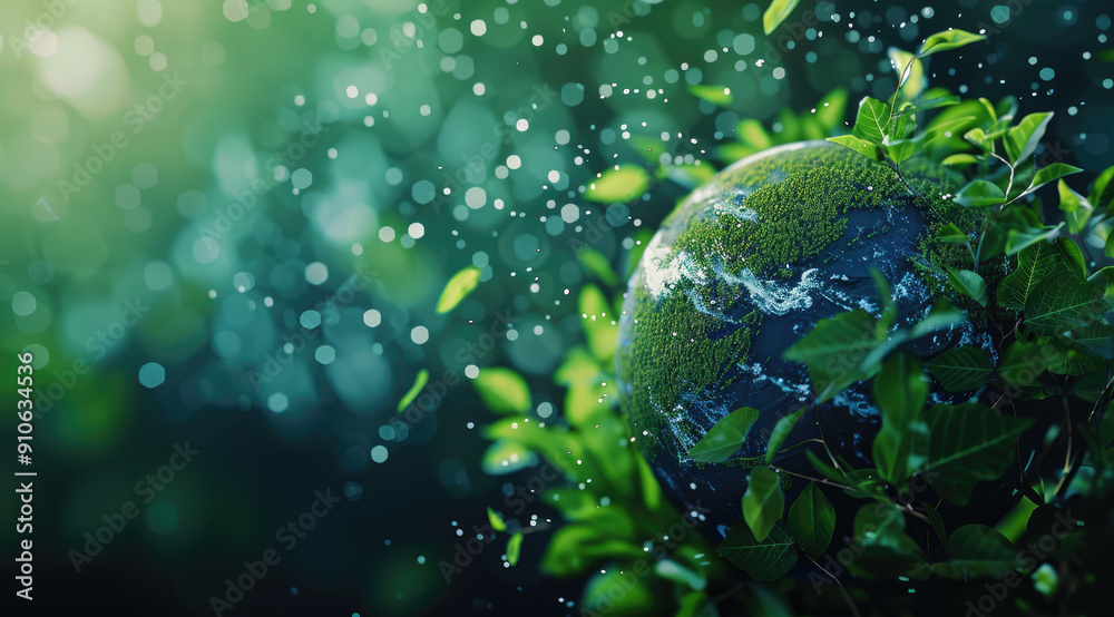 Green planet Earth with lush greenery and flying particles on a dark ...
