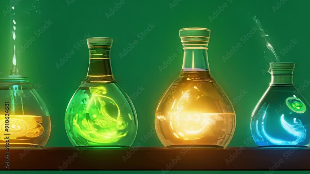 A shelf lined with various shapes and sizes of potion bottles each one ...