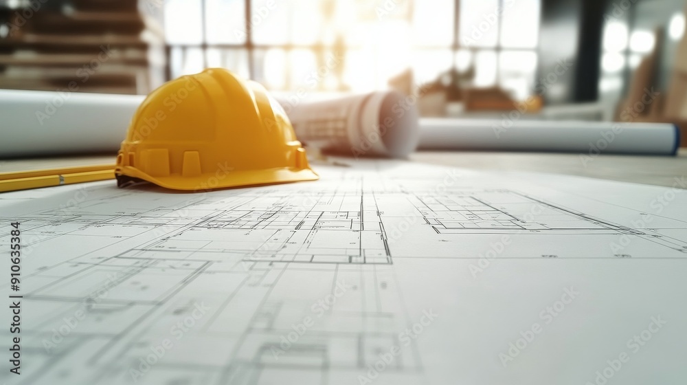 Blueprint floor plan architectural project on the table with yellow ...