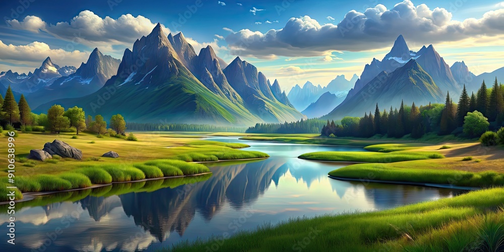 animated landscape of mountains, rivers, and grass, , animated ...